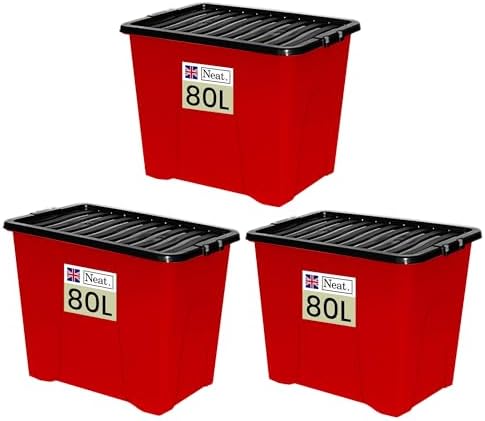 Neat. 80L Storage Boxes with Lids - Red Base & Black Clip Lid Ideal for ...