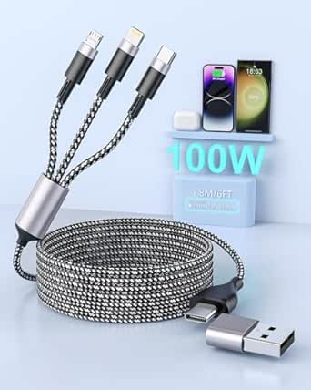 100W USB C Multi Fast Charging Cable 6FT, 5 in 1 Multiple USB Cable ...