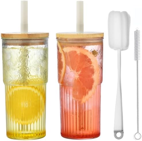 ALINK 2-Pack Glass Tumbler with Lid and Straw, 22oz Reusable Cup Bubble ...