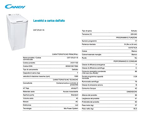 Candy Smart CST 06LE/1-11 Lavatrice a Carica dall'Alto, 6 Kg, 1000 Giri ...