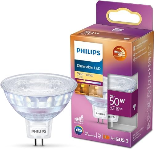 PHILIPS LED classic WarmGlow Lampe, 50W, GU5.3, warmweißes Licht (2700K), 621 Lumen, dimmbar ...