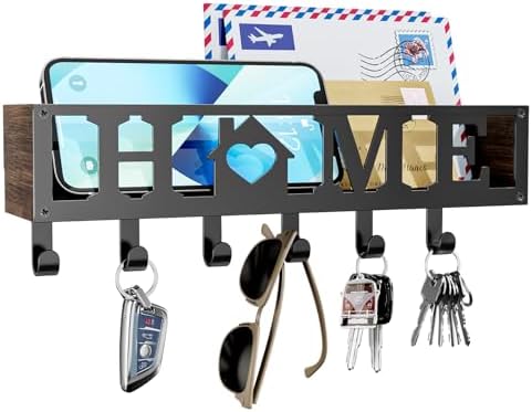 SWTYMIKI Key Holder with Wood Tray and 6 Hooks, Wall Mounted Key Racks ...