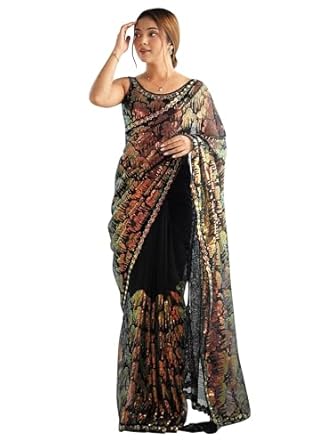Buy AKHILAM Women's Black Net Embellished Saree With Unstitched Blouse Piece (KESARI6401_KR11 ...