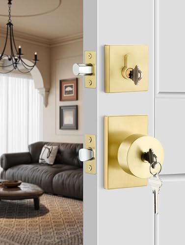 Haidms Gold Door Knob with Deadbolt, Heavy Duty Brushed Gold Exterior ...