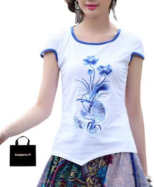 Amazon | (ラズベリーパイ) RaspberryPi レディース シャツ トップス 丸首 花柄 フリーサイズ 刺繍 半袖 Fサイズ ch1424 RPエコバッグセット | Tシャツ ...