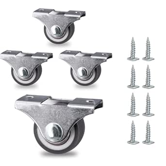 Mini Fixed Caster Wheels 1 Inch Set of 4, Low Profile Rubber Plate ...