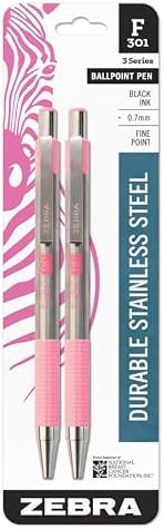 Zebra Pen F-301 Retractable Ballpoint Pen, Stainless Steel Barrel with BCA Pink Accents, Fine ...