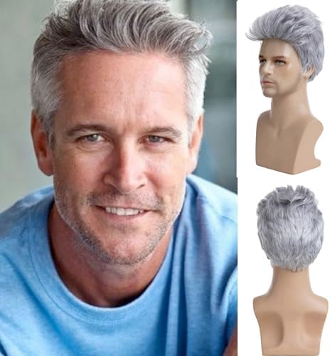Amazon.com : Wiwige Mens Wig Short Grey Mixed White Cosplay Hair ...