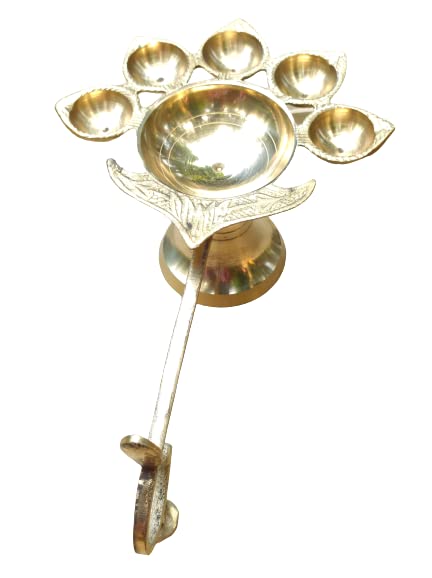 Buy Aarti Diya with Handle Pure Brass Made Paanch (Five Light) Batti ...