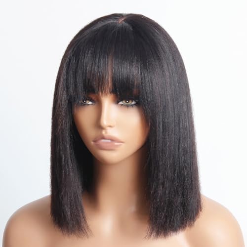 Amazon.com : Wig with Bangs Human Hair Bob Wigs 4x2 Upgraded Realistic ...