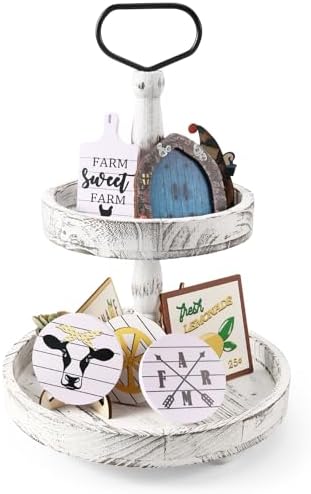 Amazon.com | Rustic Wooden Tiered Tray, Farmhouse Decorative Tray ...