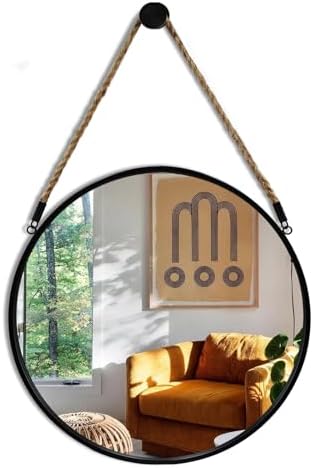 POZINO Black Round Hanging Mirror, Circle Rope Mirror, 15 Inch ...