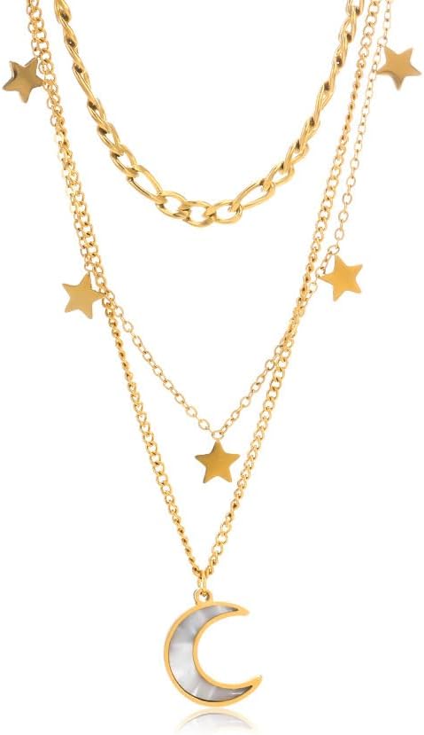 Collar Dorado Mujer con Diseño Luna y Estrellas - Collar Tipo Gargantilla con 3 Cadenas en Acero ...