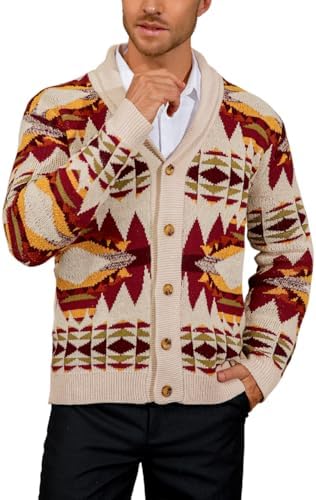 ChiaoLezhee Men's Aztec Casual Cardigan with Pockets, Shawl Collar ...