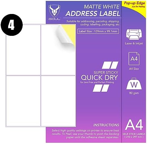 SmithPackaging A4 Self Adhesive Address Labels, 4 Label Per Sheet, 100 ...