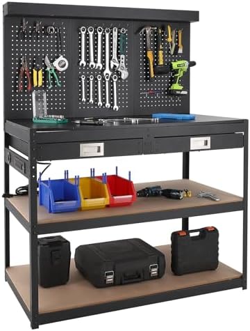 Sunvasagoo Work Table for Garage, 3-Tier Workbench with 2 Drawers ...