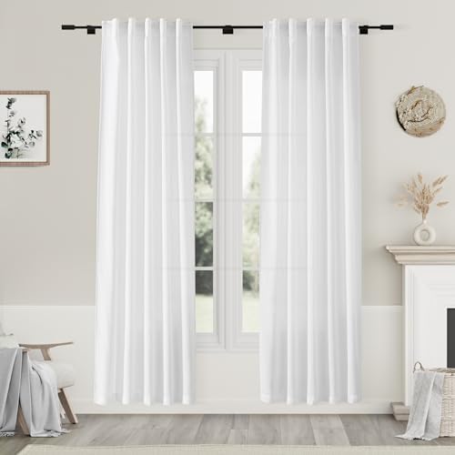 Amazon.com: Nanspring White Semi Sheer Linen Curtains 80 Inch Length 2 ...