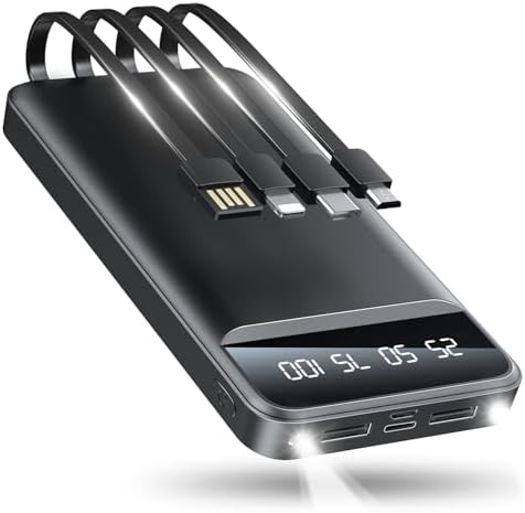 Amazon | モバイルバッテリー 大容量 【40000mAh・最大5台同時充電】 軽量 薄型 LCD残量表示 2.4A 急速充電 4本ケーブル内蔵 LEDライト付き スマホ充電器 携帯充 ...