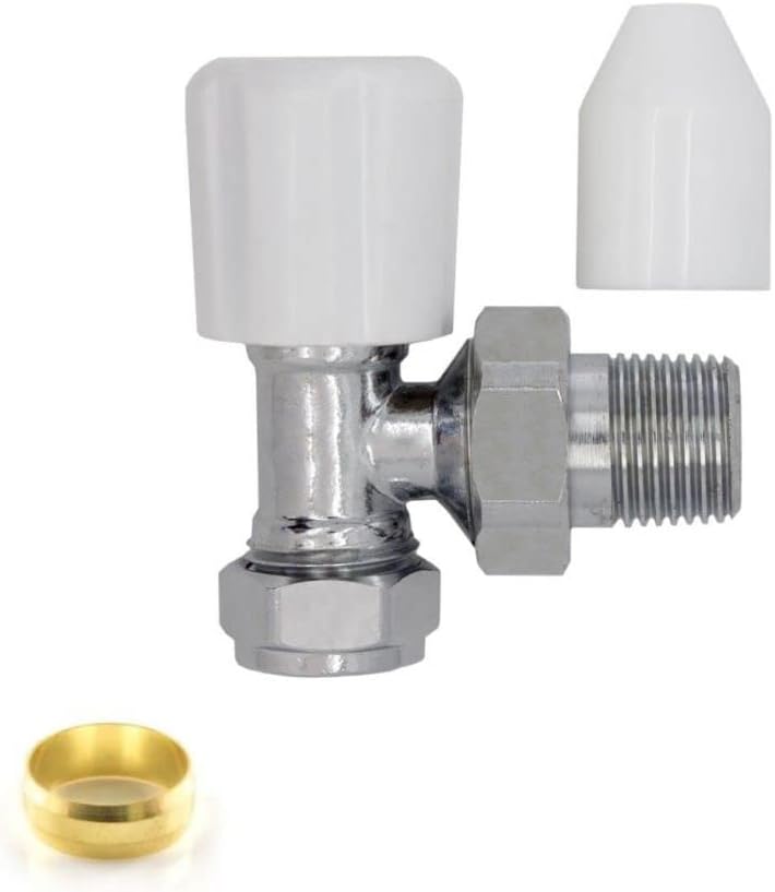 Angled Radiator Valve White Lockshield & Wheelhead Rad Valves 15mm x 1/ ...
