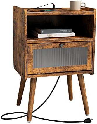 Amazon.com: AWASEN Mid Century Modern Nightstand, Rattan Nightstand with 2-Tier Shelf and Door ...