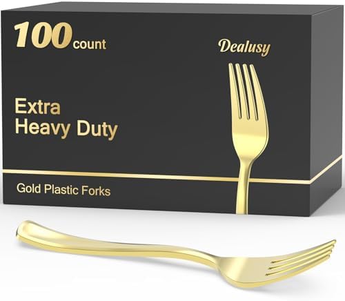 Amazon.com: Dealusy 100 Count Heavy Duty Gold Plastic Forks Disposable ...