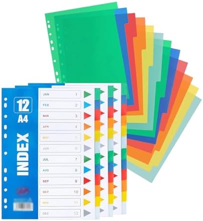 TYVOM 3 Pack Folder Dividers,File Dividers A4 12 Part Plastic Dividers ...