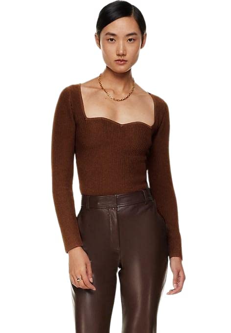 Heart Neck Extended Sleeves Ribbed Tops (Chocolate) : Amazon.in ...