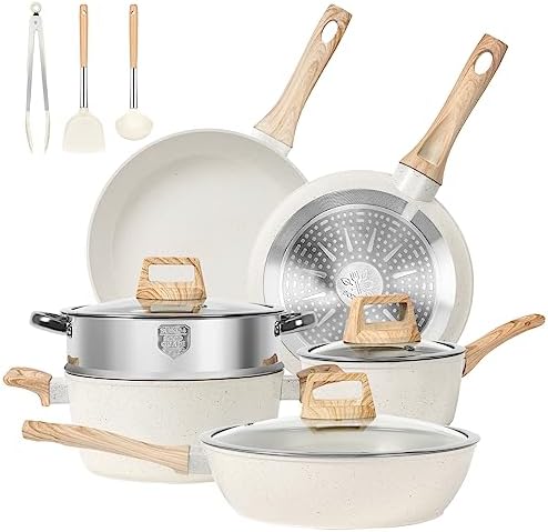 Amazon.com: 12 Piece Non-Stick Cookware Set, White Granite Induction ...