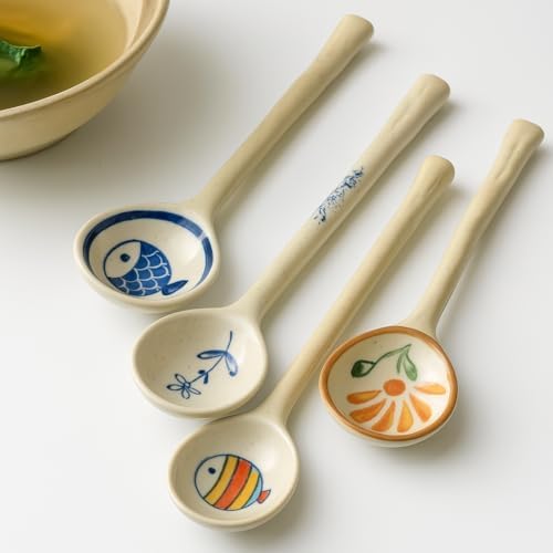 4pc Japanese Style Blue Ceramic Ramen Spoon Set - Retro Porcelain Asian ...