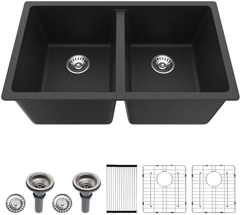 Dcolora 33 inch Quartz Matte Black Granite Composite Double Bowl ...