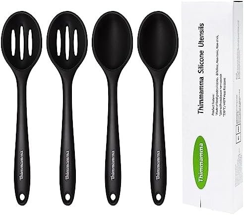 Silicone Cooking Spoons, 4 Pack Non Stick Solid Spoon Slotted Spoon ...