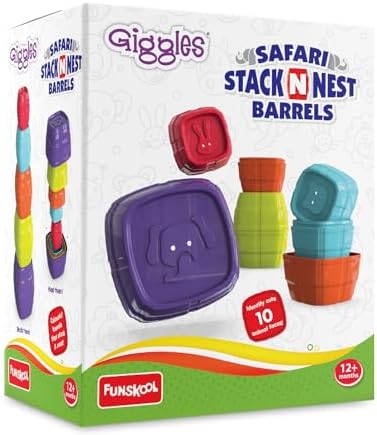 Funskool Giggles - Safari Stack N Nest Barrels, Multi-Colour Stacking Barrels with Animal Faces ...