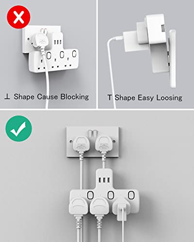Multi Plug Extension with 3 USB Socket, 3 Way Plug Adapter with ...