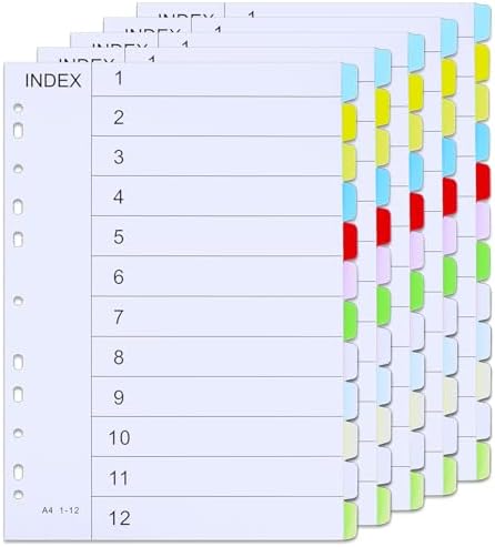 File Dividers A4, 5 Pack 12 Part Folder Dividers Coloured Multi Hole ...