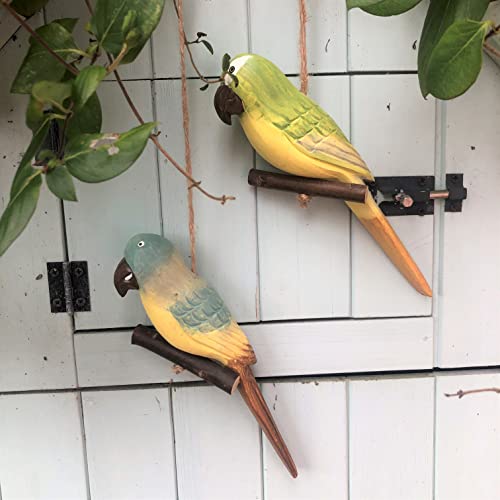 Hanging Wooden Parrott on Perch Colourful Bird Ornament (BLUE PARROT ...