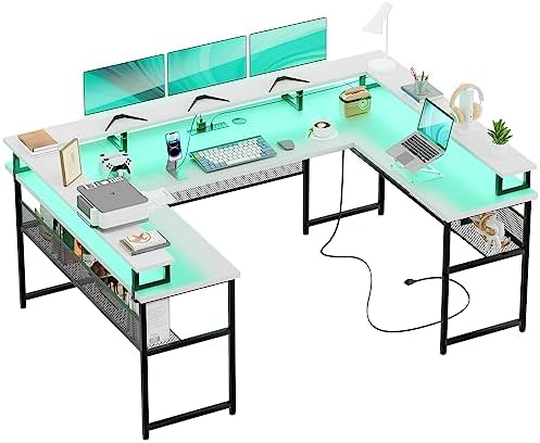 Amazon.com: 67" L Shaped Computer Desk with LED Lights and Power ...