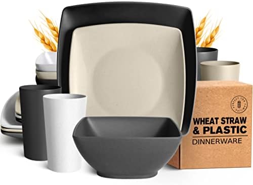 Amazon.com: Teivio 18-piece Plastic Wheat Straw Square Dinnerware Set ...