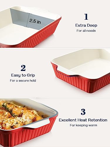 DOWAN 9x13 Ceramic Casserole Dish - Deep Lasagna Pan, Red - Astraunic CA