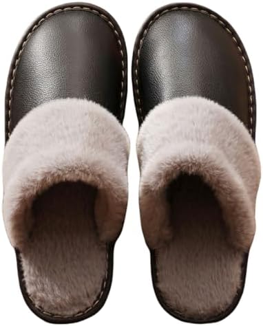 Men's Fuzzy Leather Upper Memory Foam Slippers Fluffy Winter Enclosed ...