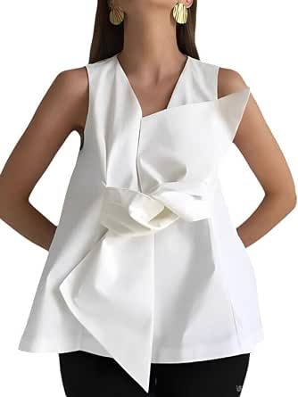 UOOZEE Women's Sleeveless Bow Tie Knot Tank Top Blouse Shirts V Neck ...