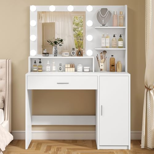 Amazon.com: pofluany Vanity Desk with Sliding Mirror and Lights, Makeup ...