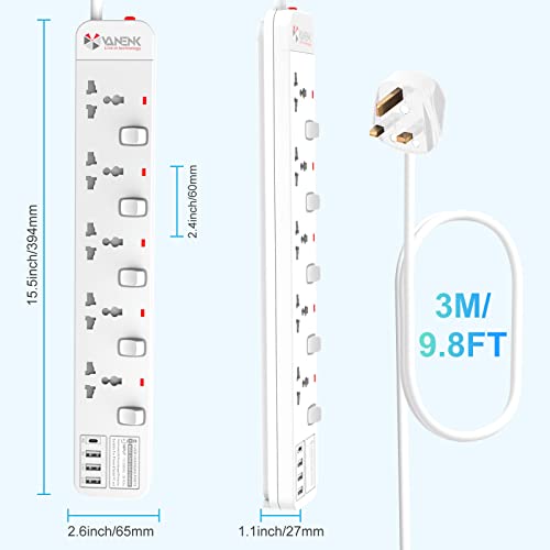 VANENIK Universal Extension Lead with USB C Slot 3M – 5 Gang Way ...