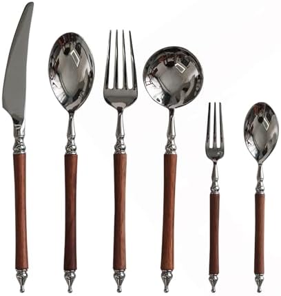 Amazon.com | Wooden Handle Silverware Set, 24-PCS Stainless Steel ...