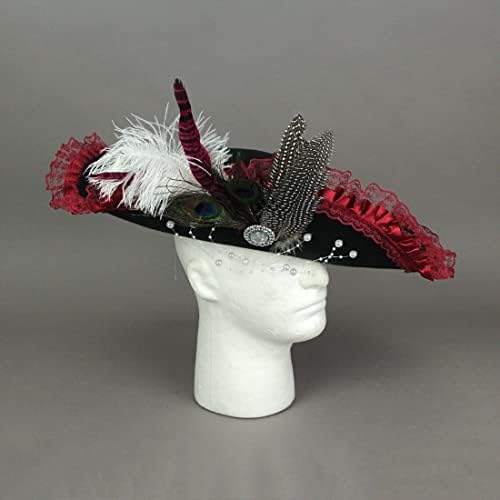 Amazon.com: Ladies Black and Red Lace Feather Tricorn Pirate Hat ...