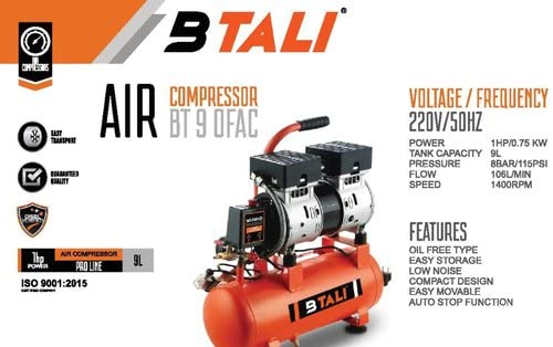 generic btali air compressor 9 litre 1 hp motor oil free silent 8 bar ...
