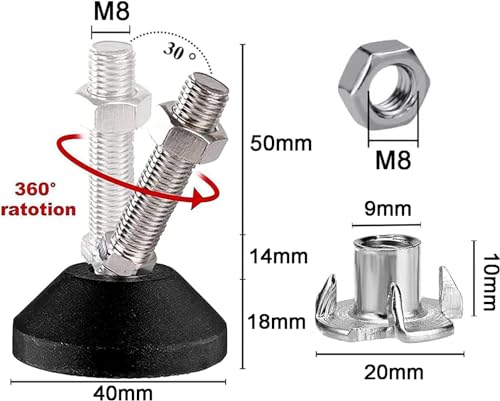 DQZE Pack of 8 Adjustable Feet M8 x 50 mm, Adjustable Feet with Rubber ...
