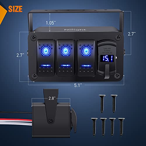 Nilight 3 Gang Rocker Switch Panel Blue Backlit with PD Type C - Want ...