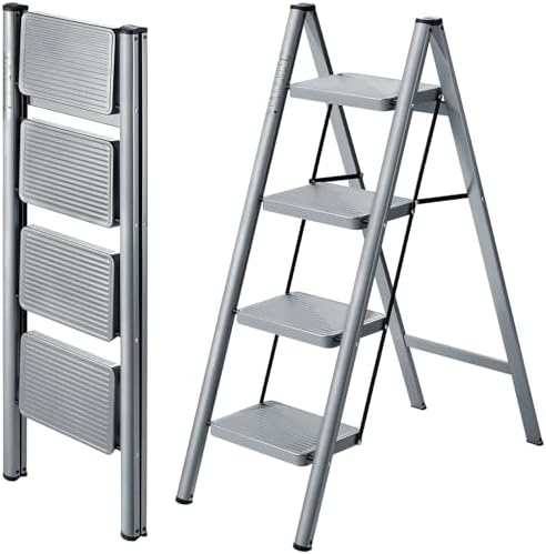KINGRACK Aluminium 4 Step Ladder, Lightweight Step Stool with Non-Slip ...
