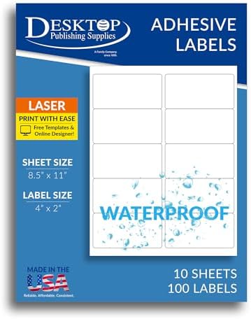 100 Printable Waterproof Labels - 4" x 2" - 10 Sheets (10 Per Page ...