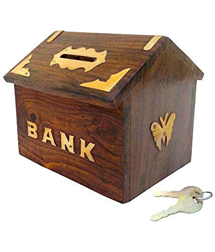 The WooDiN Wooden Sheesham Wood Handmade Money Bank with Lock Piggy ...